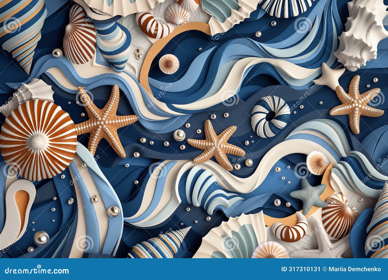 Colorful Seashell and Starfish Pattern on Abstract Blue and White Wave ...