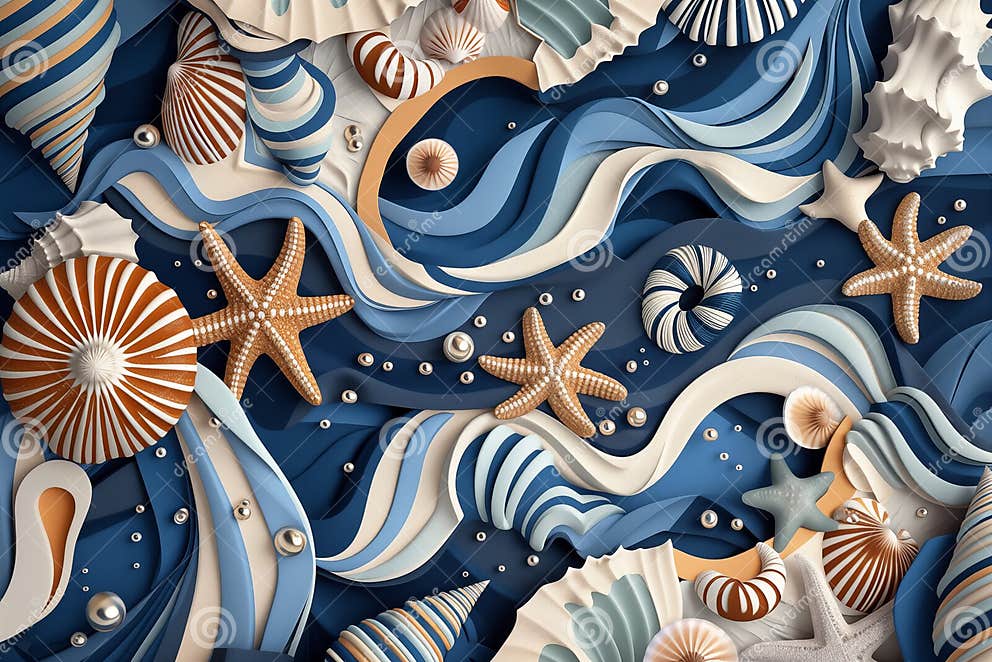 Colorful Seashell and Starfish Pattern on Abstract Blue and White Wave ...