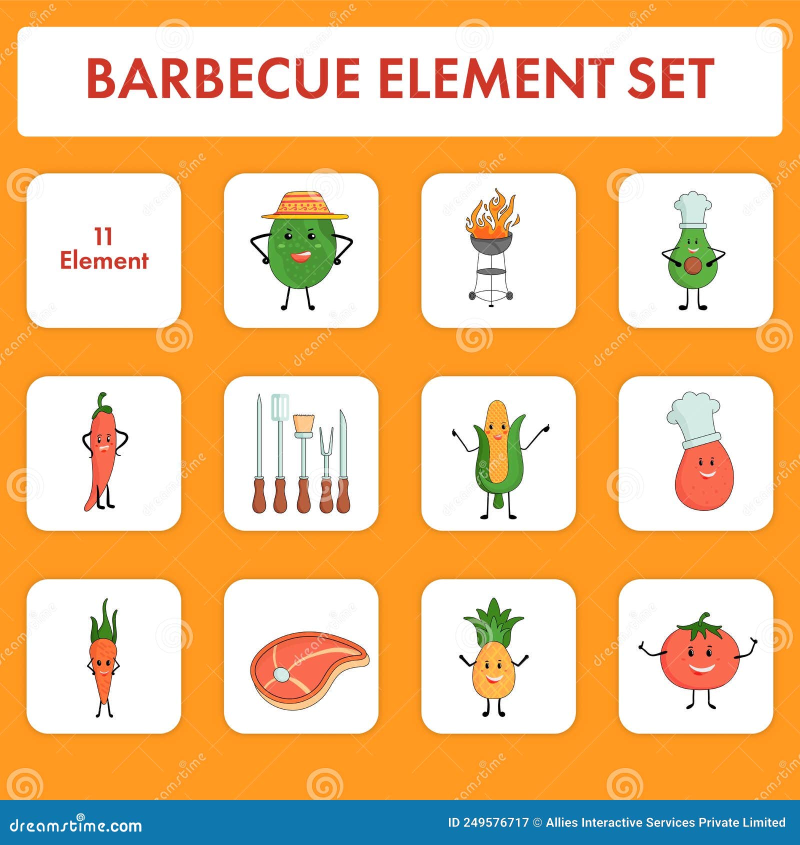 Colorful Set of Barbeque Element on Square Stock Illustration ...