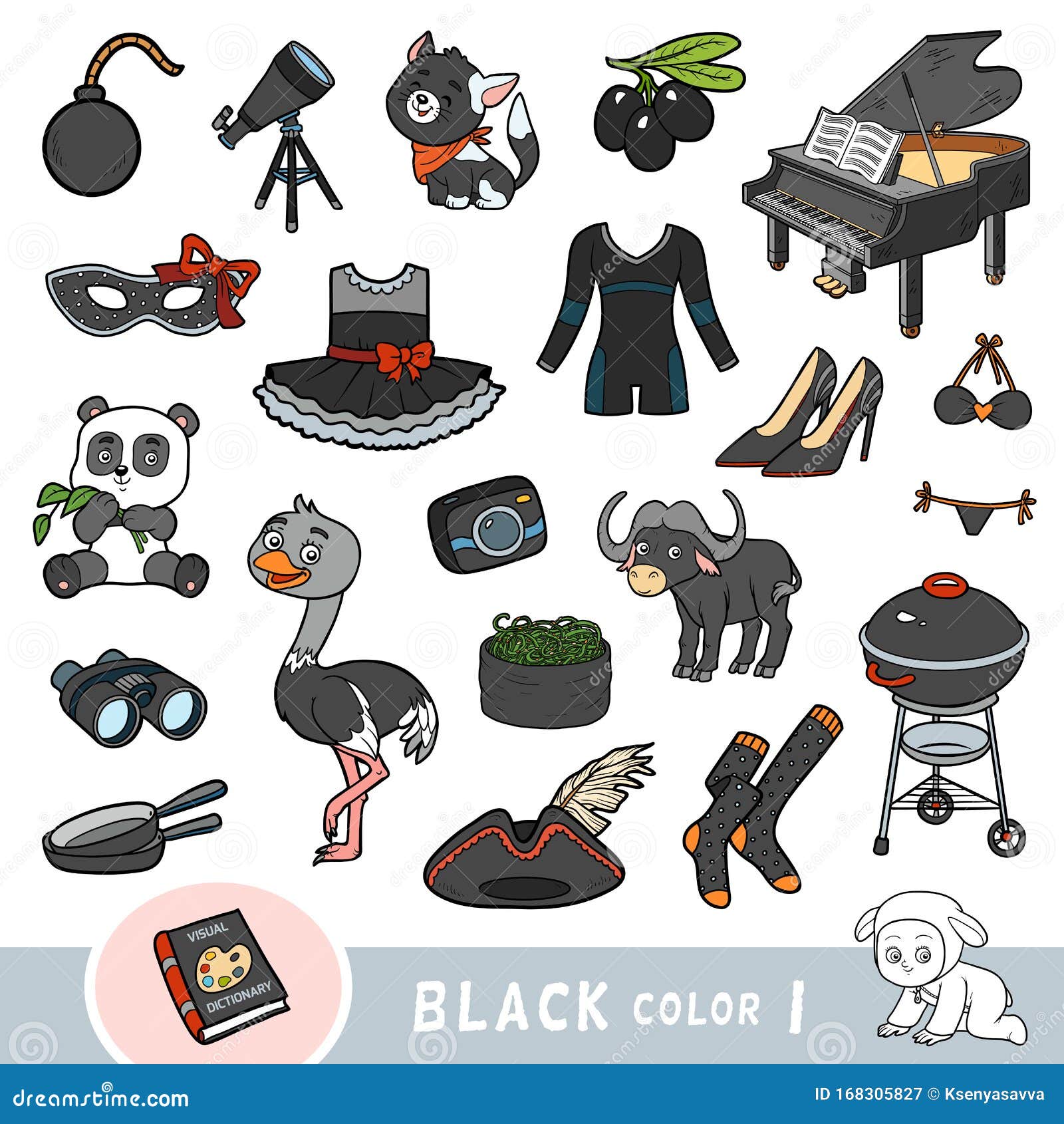 Colorful Set of Black Color Objects. Visual Dictionary for Children ...
