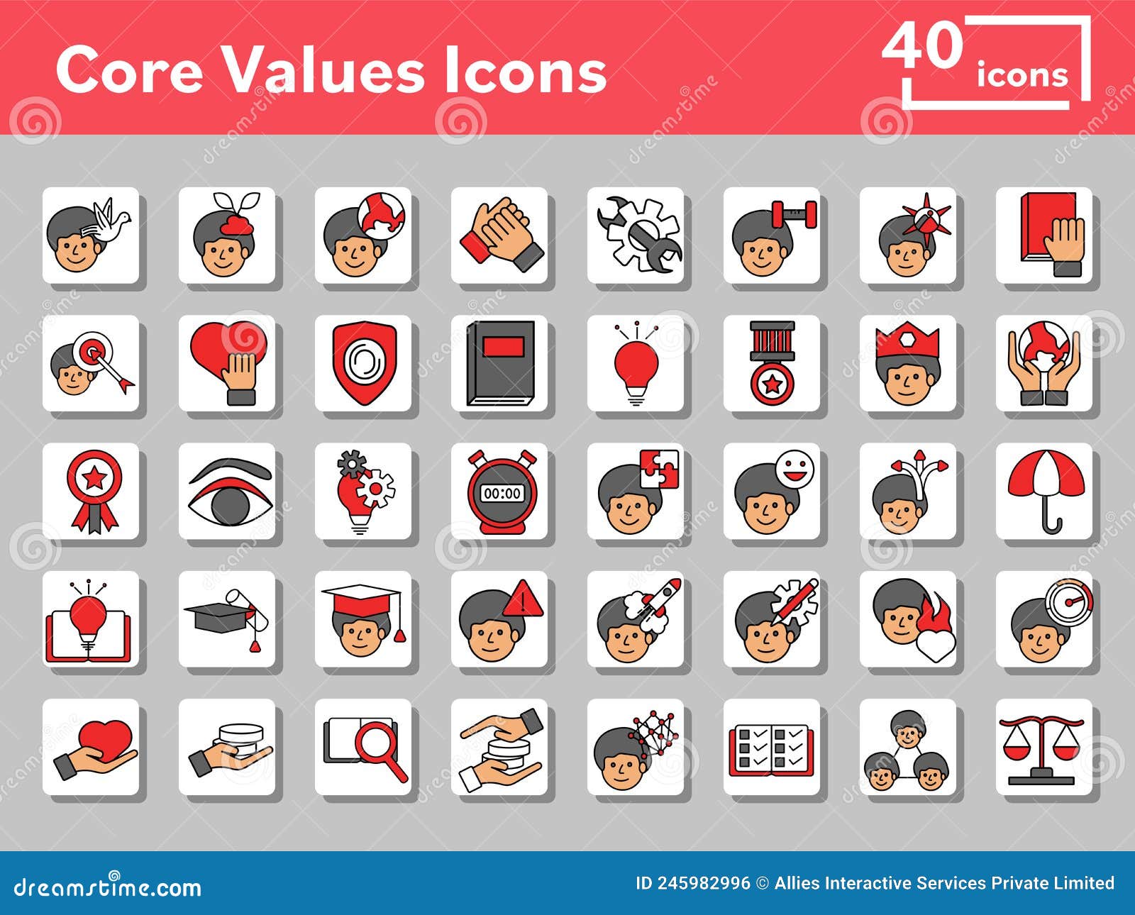 Colorful Set of Core Values Flat Icon or Symbol on Square Stock ...