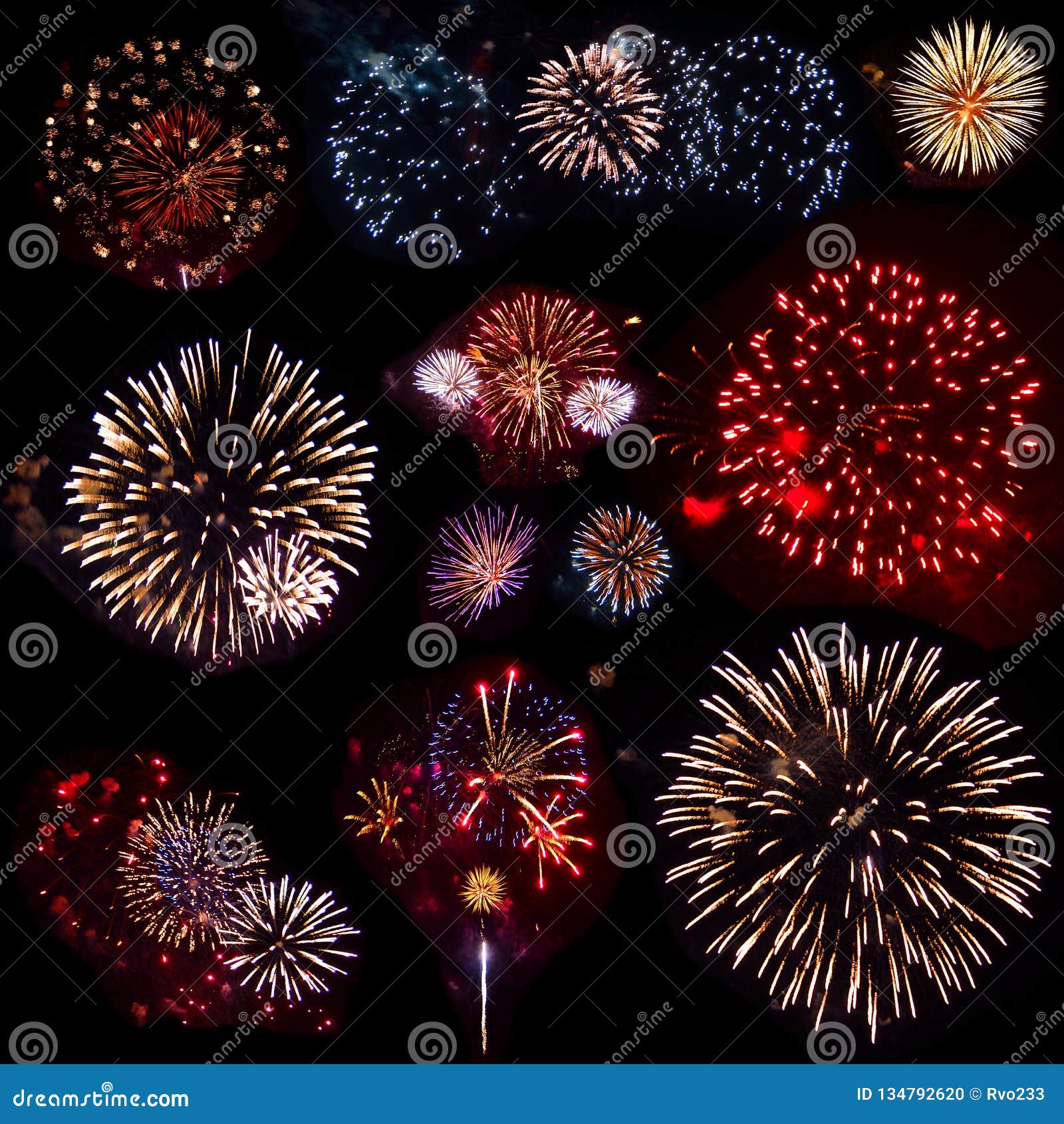 Colorful Set of Eleven Exploding Fireworks, Isolated on Black ...
