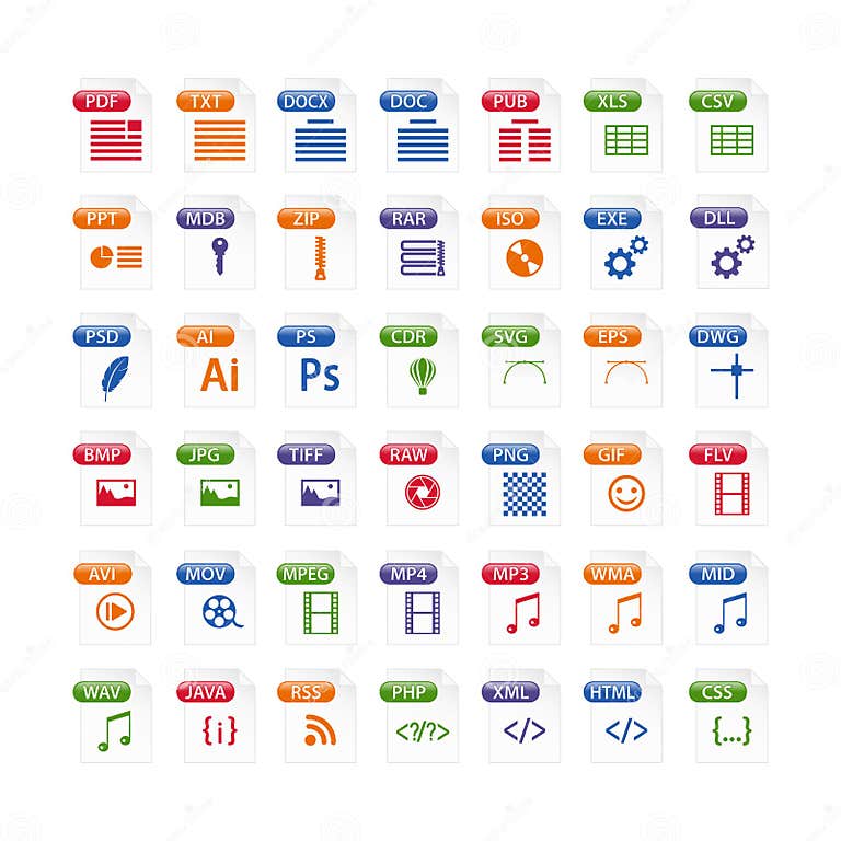 Colorful Set of File Type Icons. File Format Icon Set in Color Stock ...