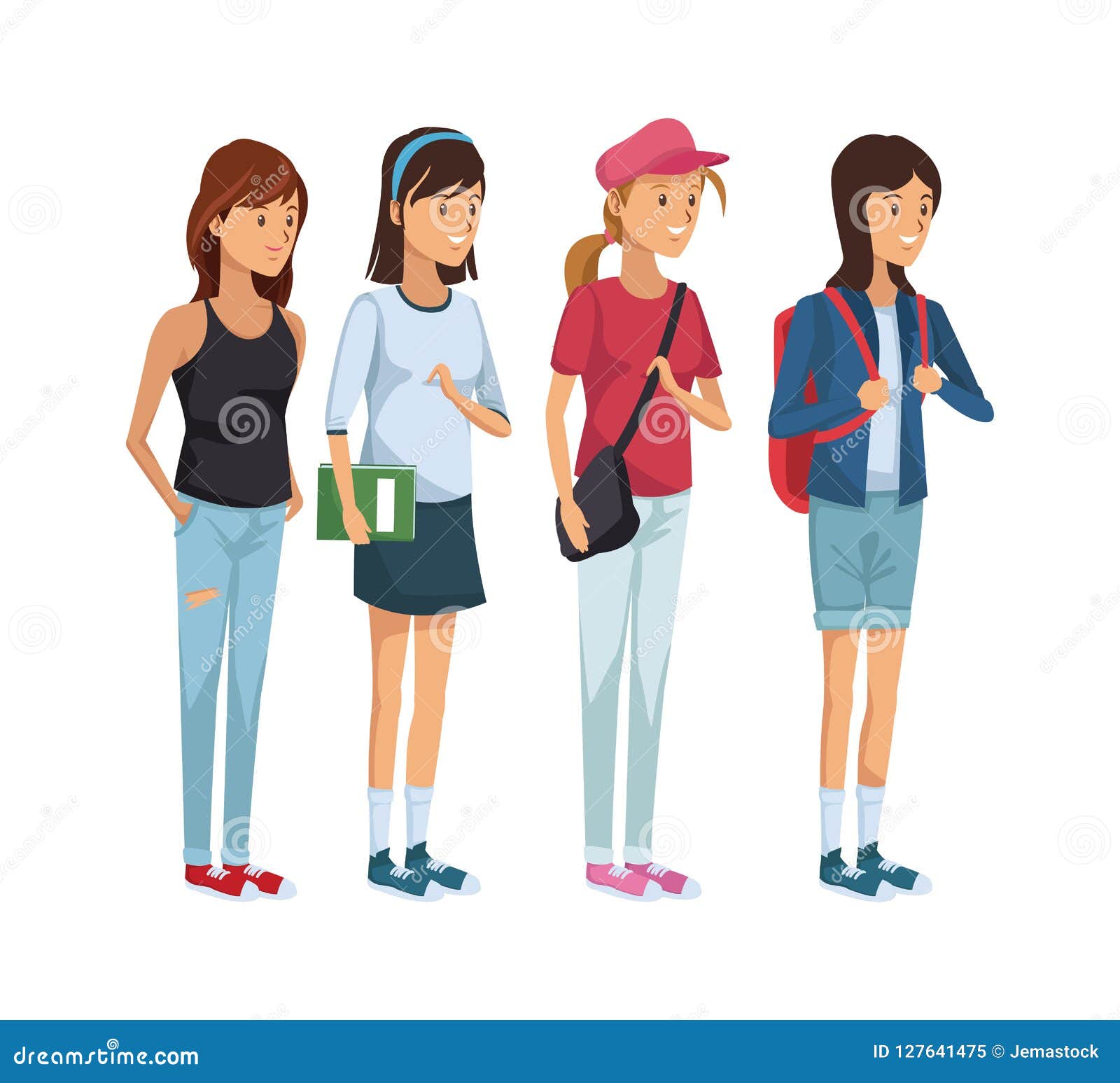 Colorful Set Group of Girl Students Standing Stock Vector ...