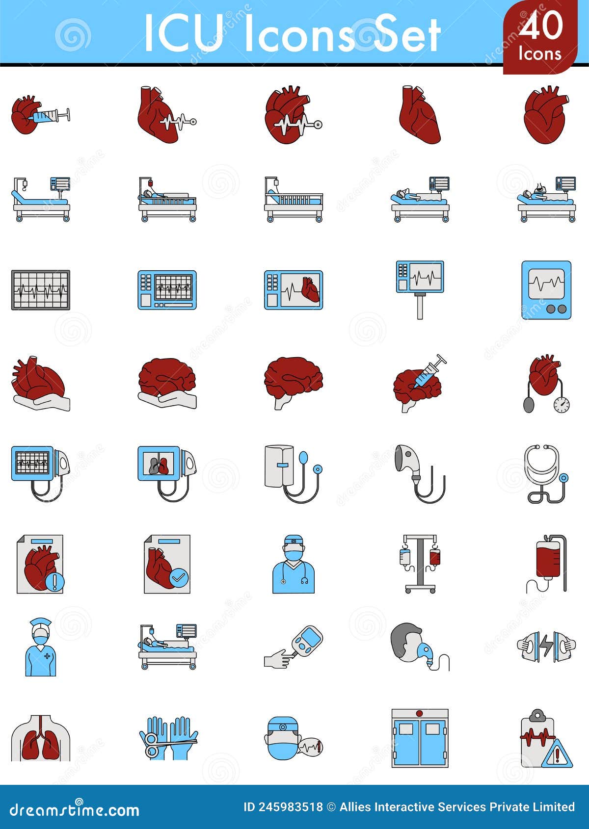 Colorful Set of ICU Icons in Flat Style Stock Illustration ...