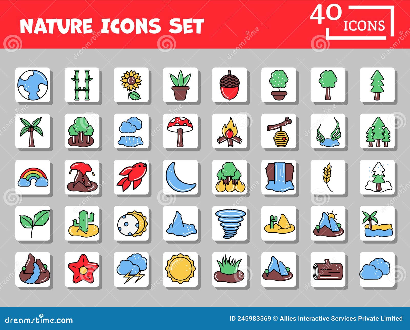 Colorful Set of Nature Icons in Flat Stock Illustration - Illustration ...