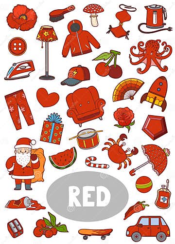 Colorful Set of Red Color Objects. Visual Dictionary for Children about ...