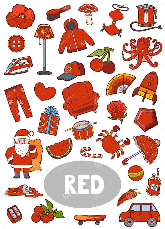 Colorful Set of Red Color Objects. Visual Dictionary for Children about ...