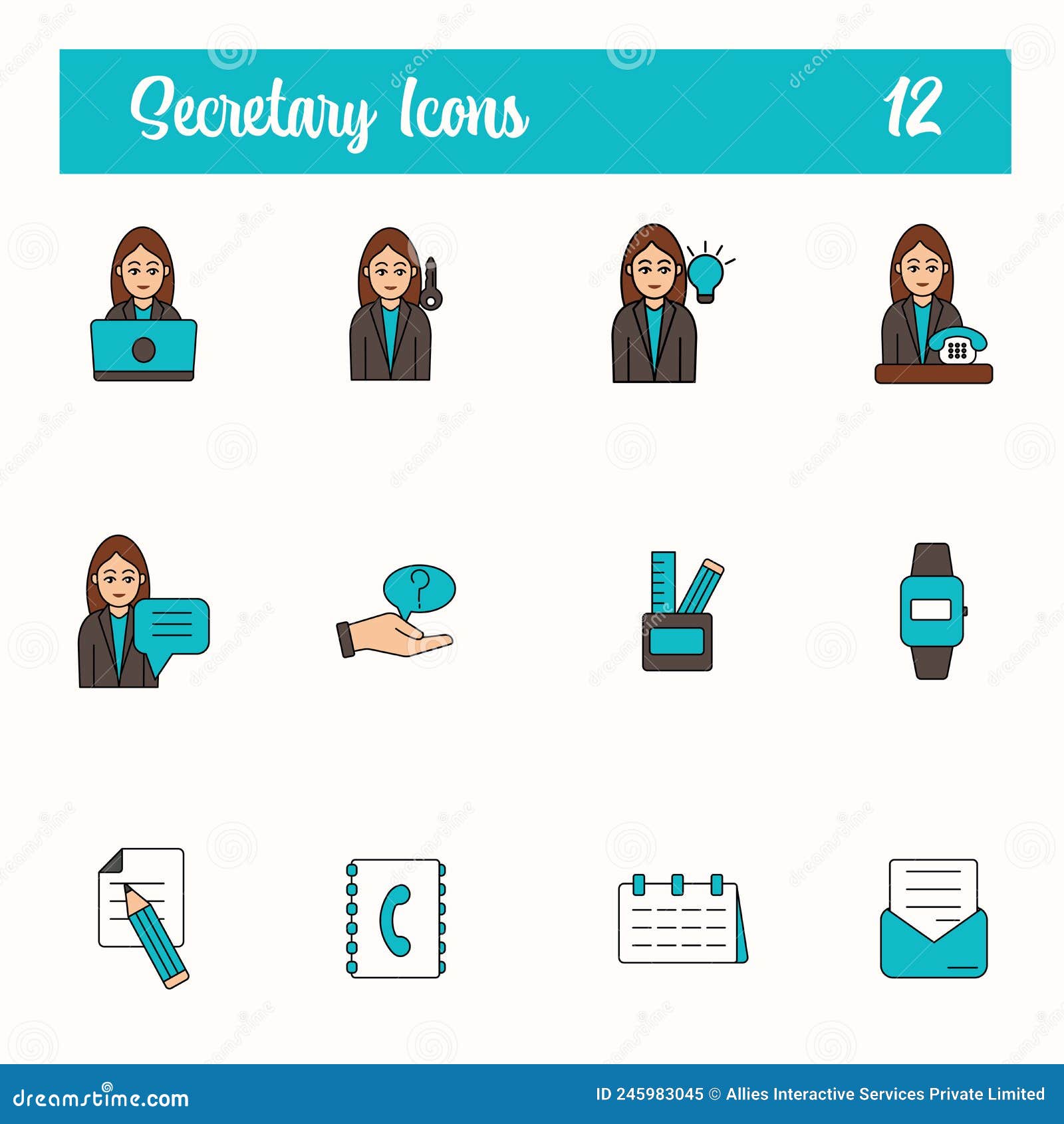 Colorful Set of Secretary Icons or Symbols Stock Illustration ...