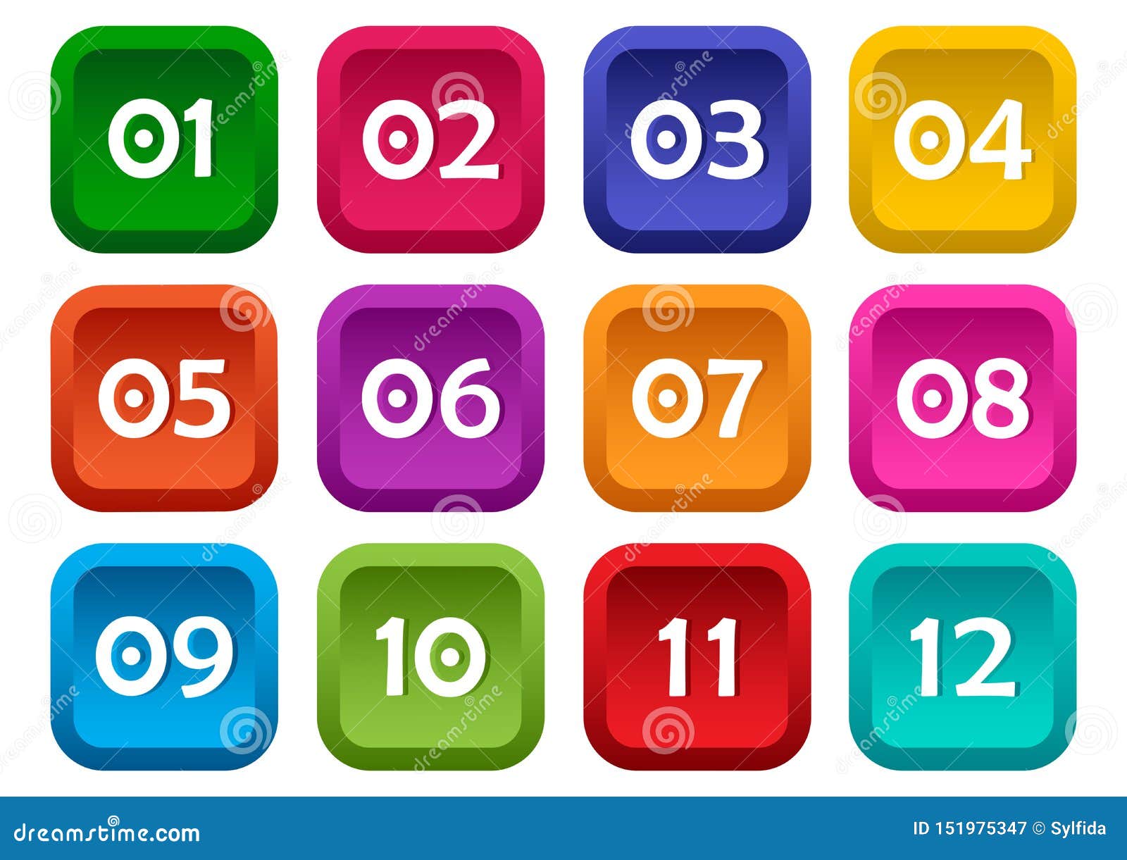 Colorful Set of Square Buttons with Numbers from 01 To 12. Vector Stock ...