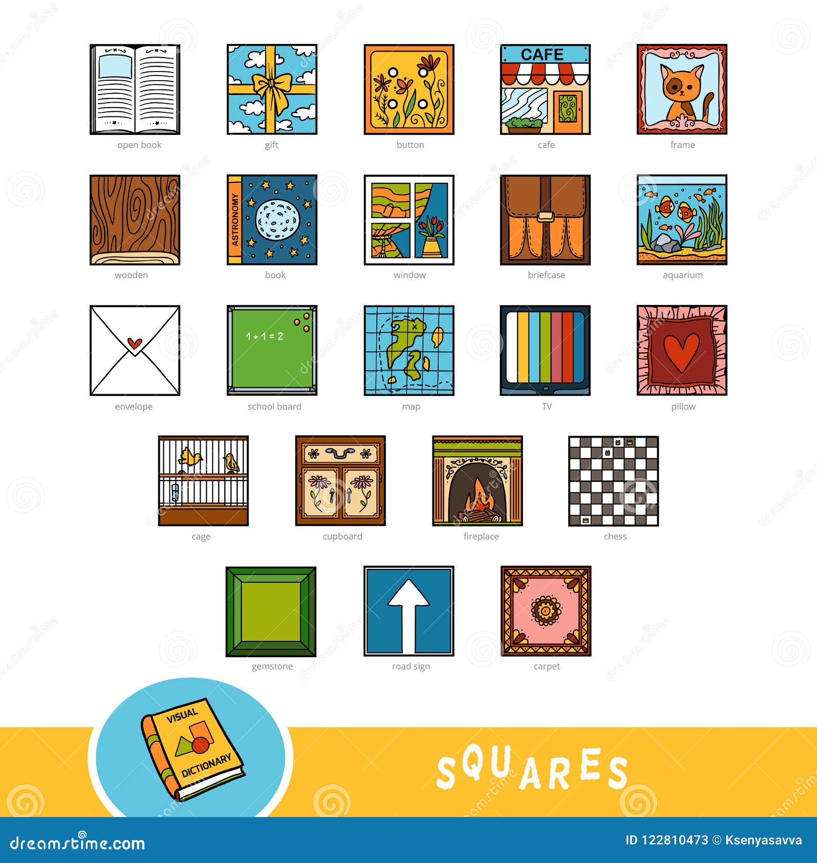 Colorful Set Of Square Shape Objects Visual Dictionary Stock Vector