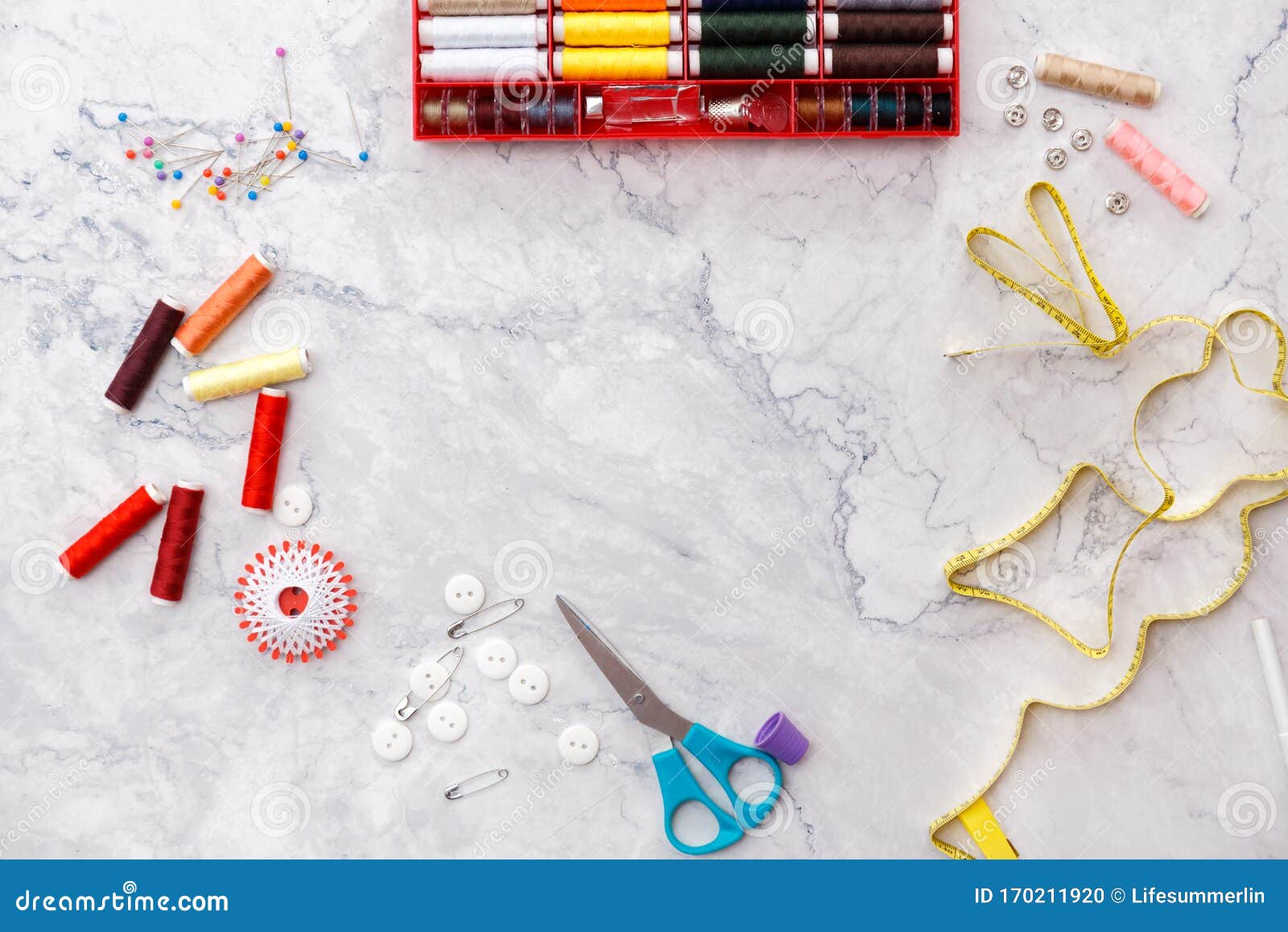 Colorful Sewing and Tailoring Tools and Items on Light Background Stock ...