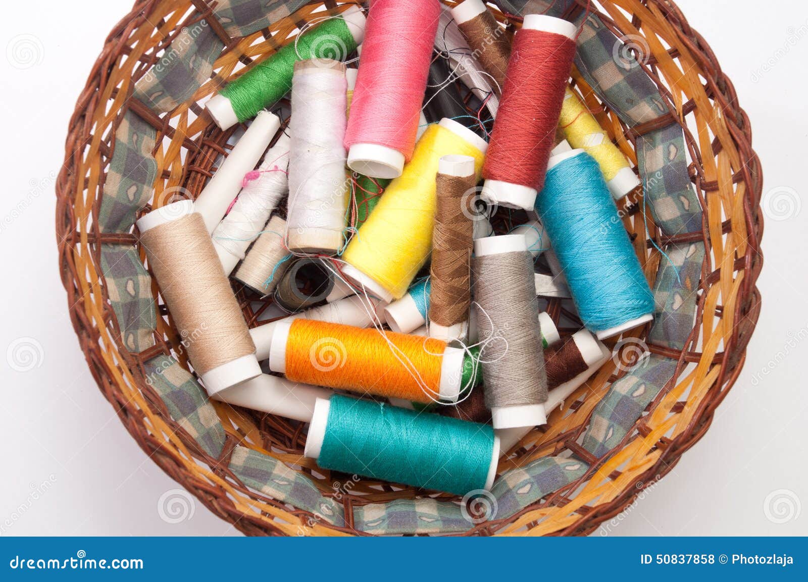 Colorful Sewing Thread in a Wicker Basket Stock Photo - Image of ...
