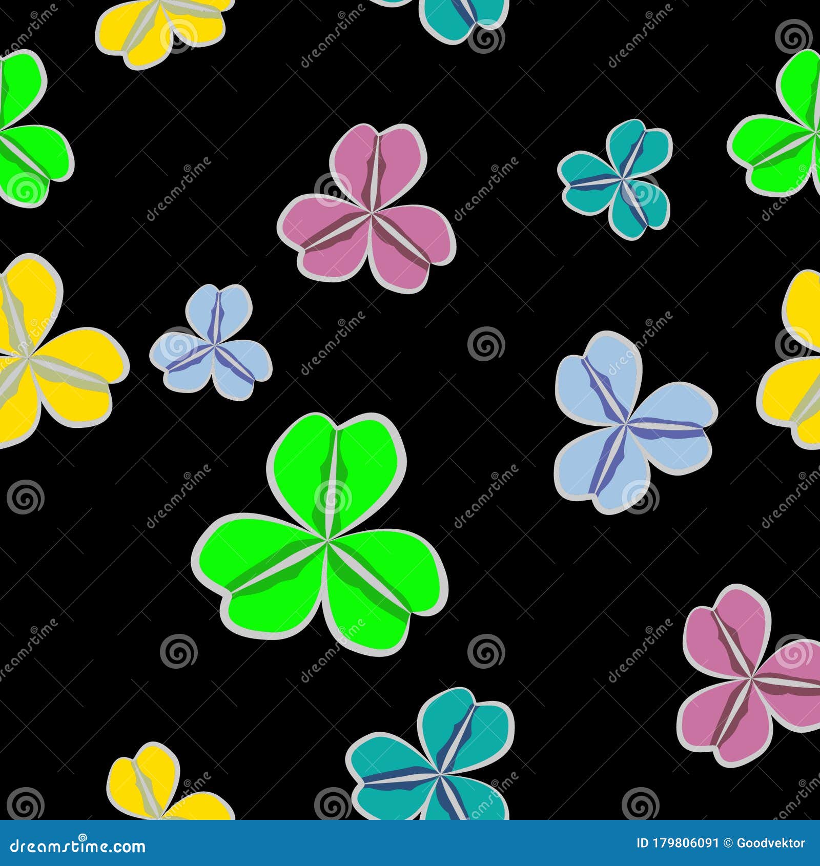 Colorful Shamrock Leaves Seamless Fabric Pattern with Black Background ...