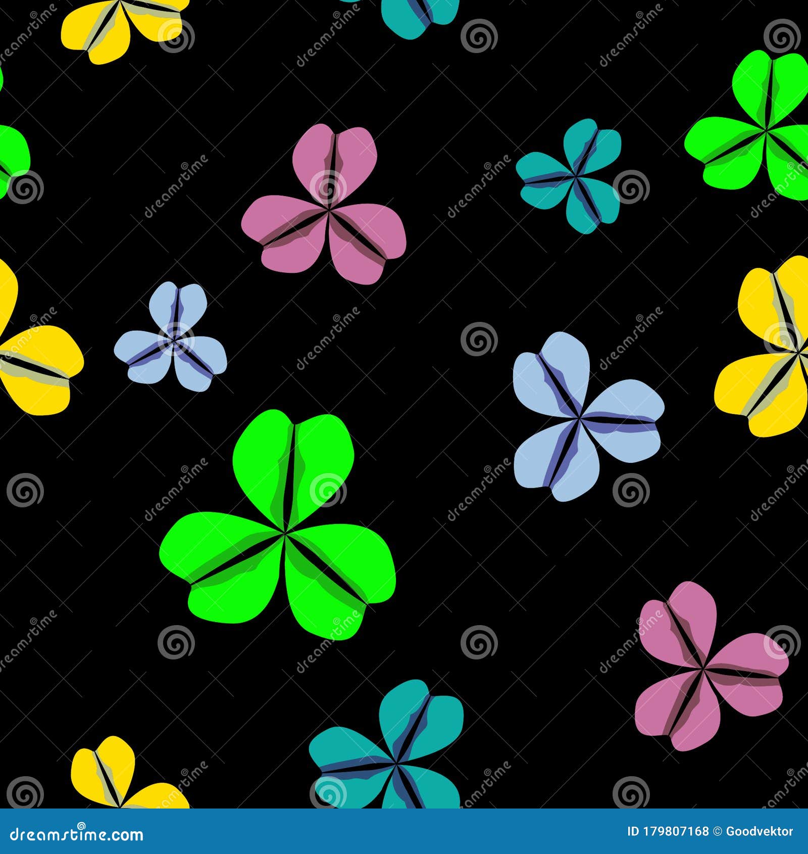 Colorful Shamrock Leaves Seamless Fabric Pattern with Black Background ...