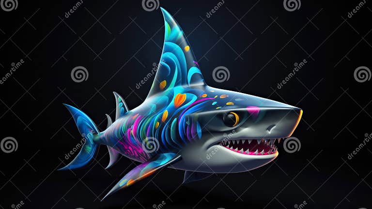 A Colorful Shark with Sharp Teeth on a Black Background Stock Image ...