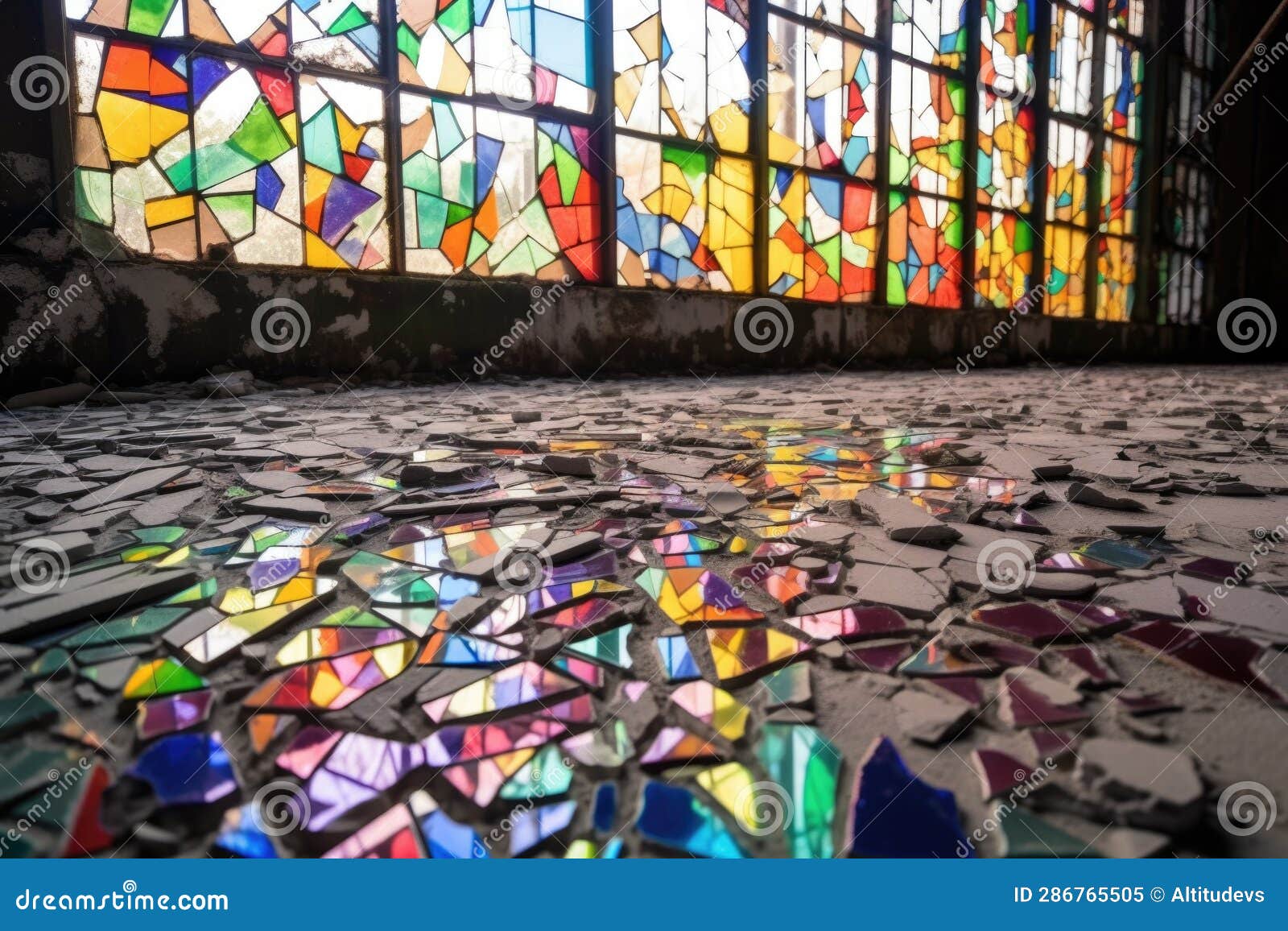 Colorful Shattered Stained Glass on Concrete Stock Illustration ...