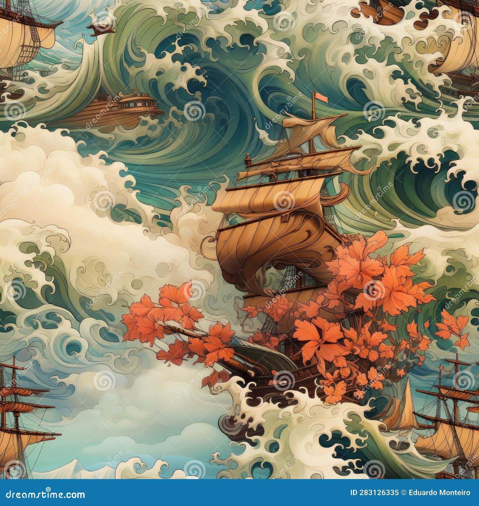 Colorful Ship Painting of a Samurai Ship in the Ocean (tiled) Stock ...