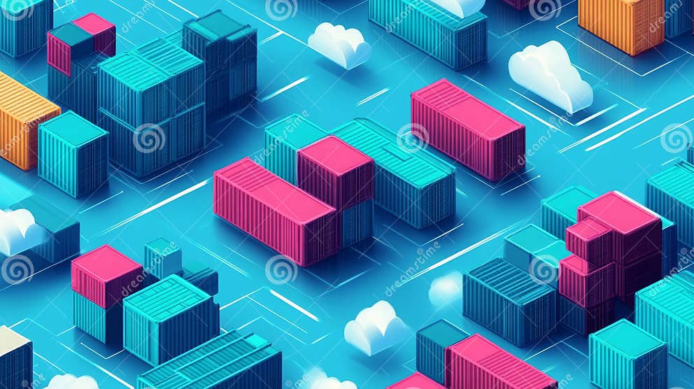 Colorful Shipping Containers Arranged in an Abstract Pattern on a Blue ...
