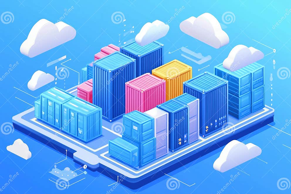 Colorful Shipping Containers in Digital Landscape with Clouds and Data ...