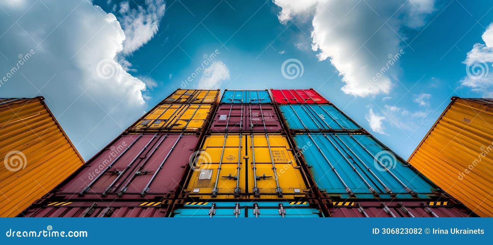 Colorful Shipping Containers Stacked Under Blue Sky. Industrial Storage ...