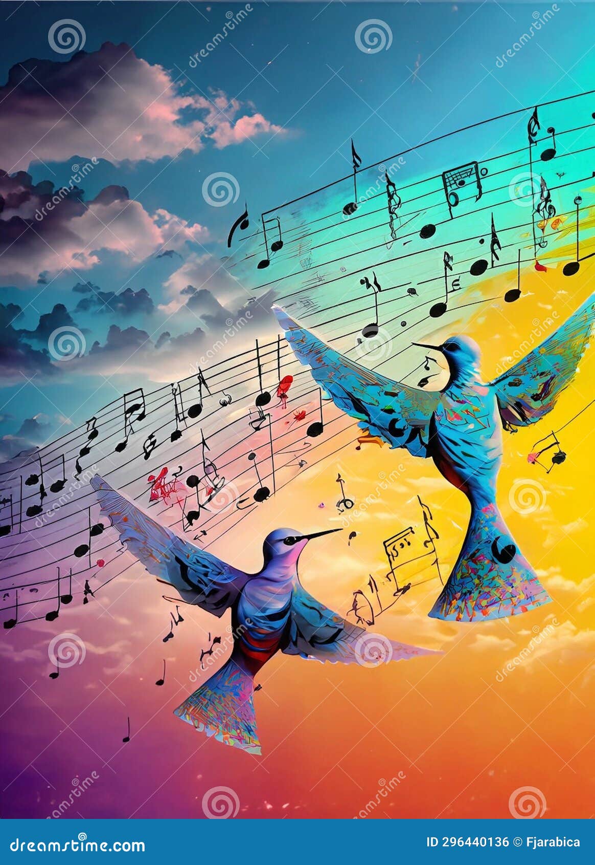 Colorful Sky with Clouds with Bird and Musical Notes Stock Photo ...