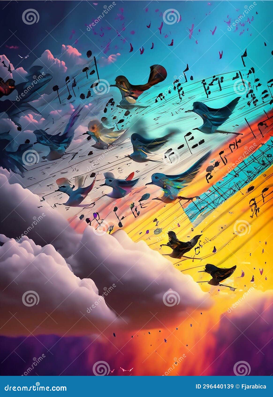 Colorful Sky with Clouds with Bird and Musical Notes Stock Illustration ...