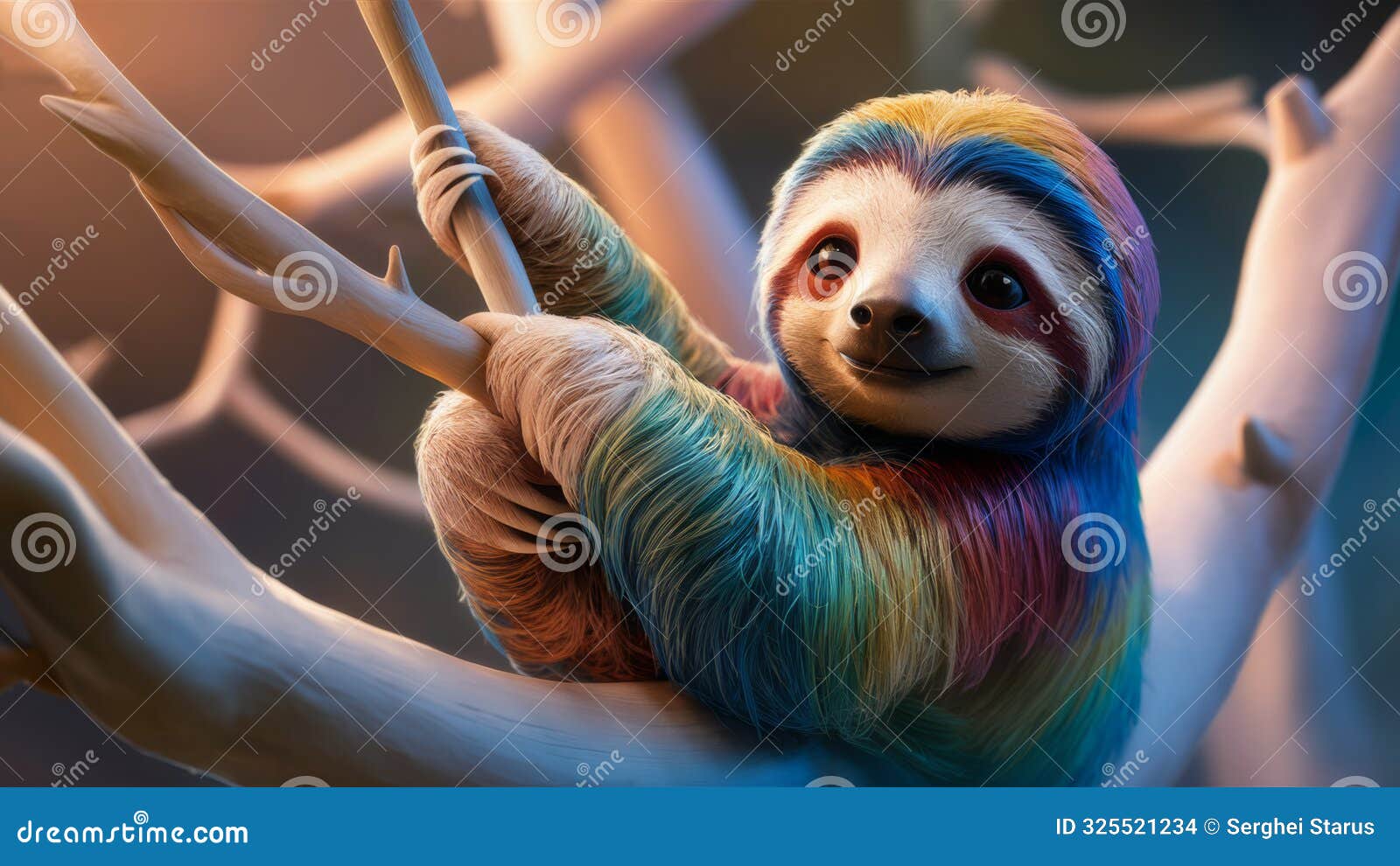 A Colorful Sloth is Sitting on a Branch in the Tree, AI Stock ...