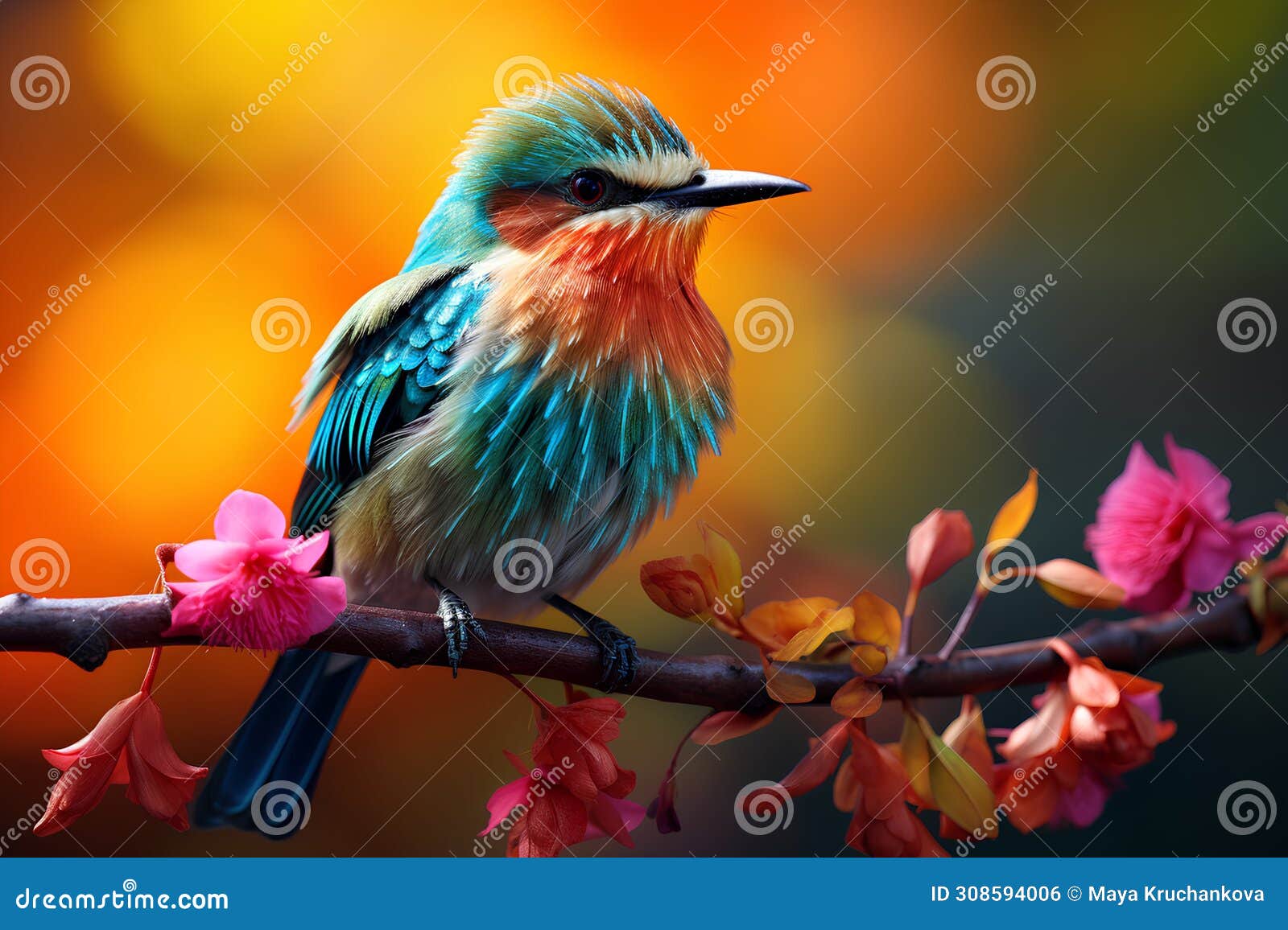 Colorful Small Bird Sitting on Blooming Branch Stock Illustration ...