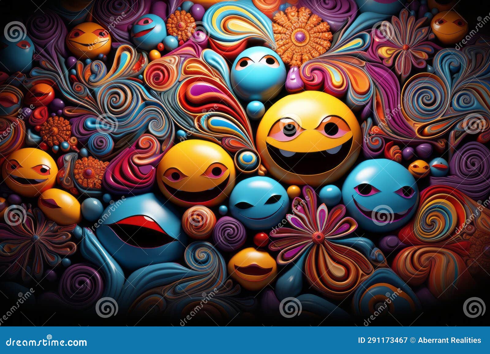 Colorful Smiley Faces and Swirls on a Black Background Stock ...