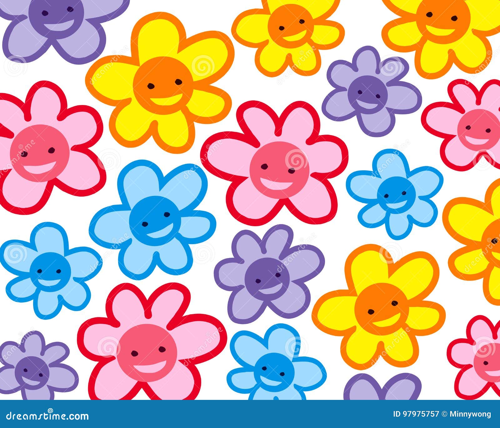 Colorful Smiling Cartoon Flowers Pattern Stock Illustration ...