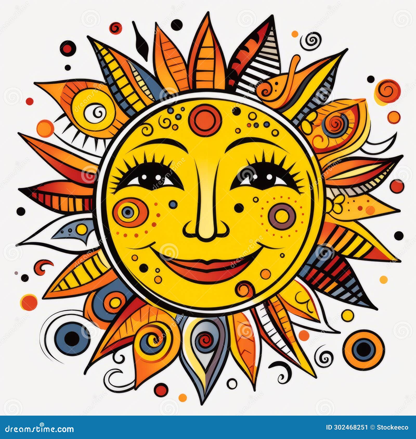 Colorful Smiling Sun with Expressive Linework and Folk Art Doodle Stock ...