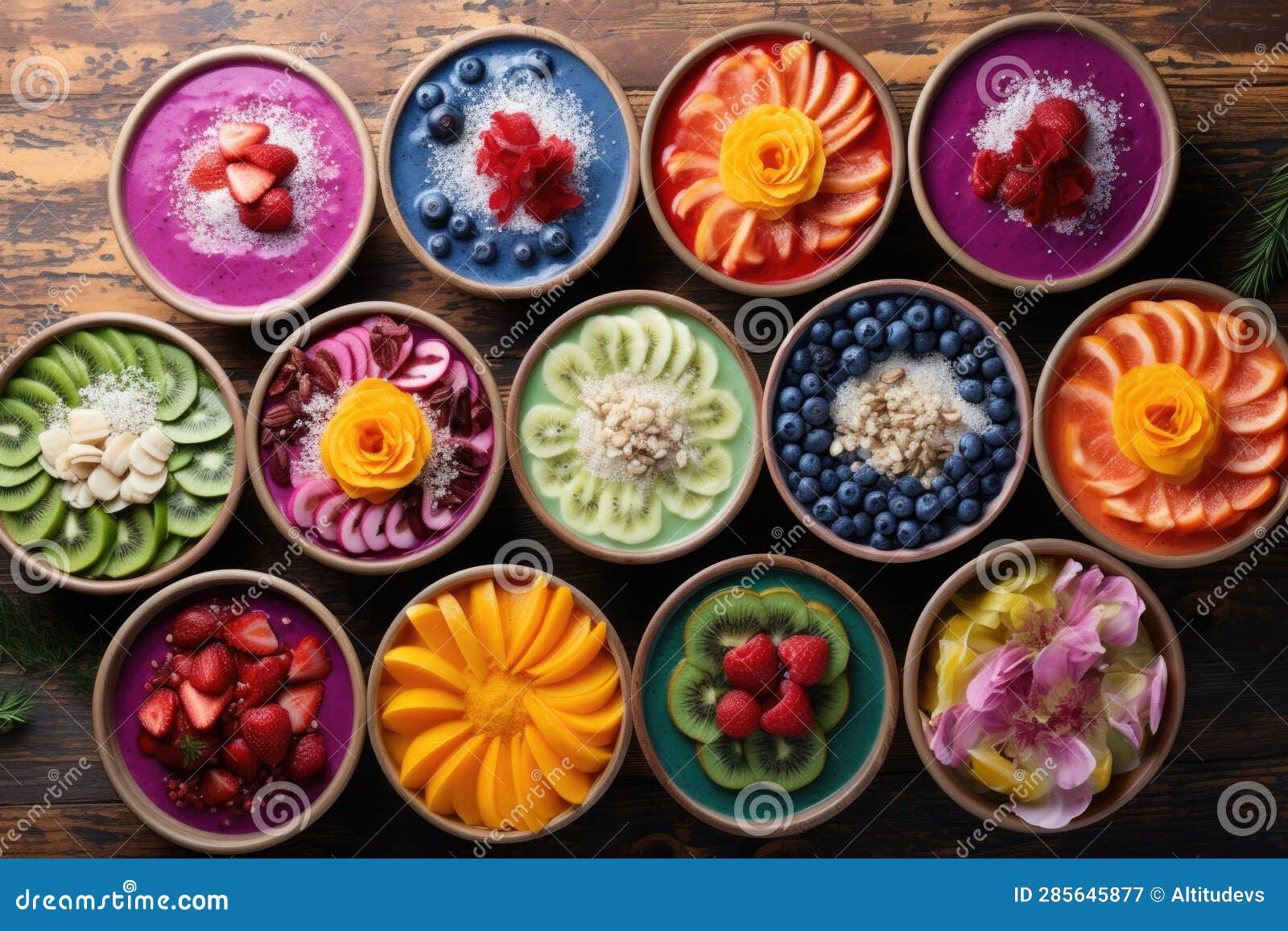 Colorful Smoothie Bowls with Various Fruit Toppings Stock Image - Image of delicious, generated ...