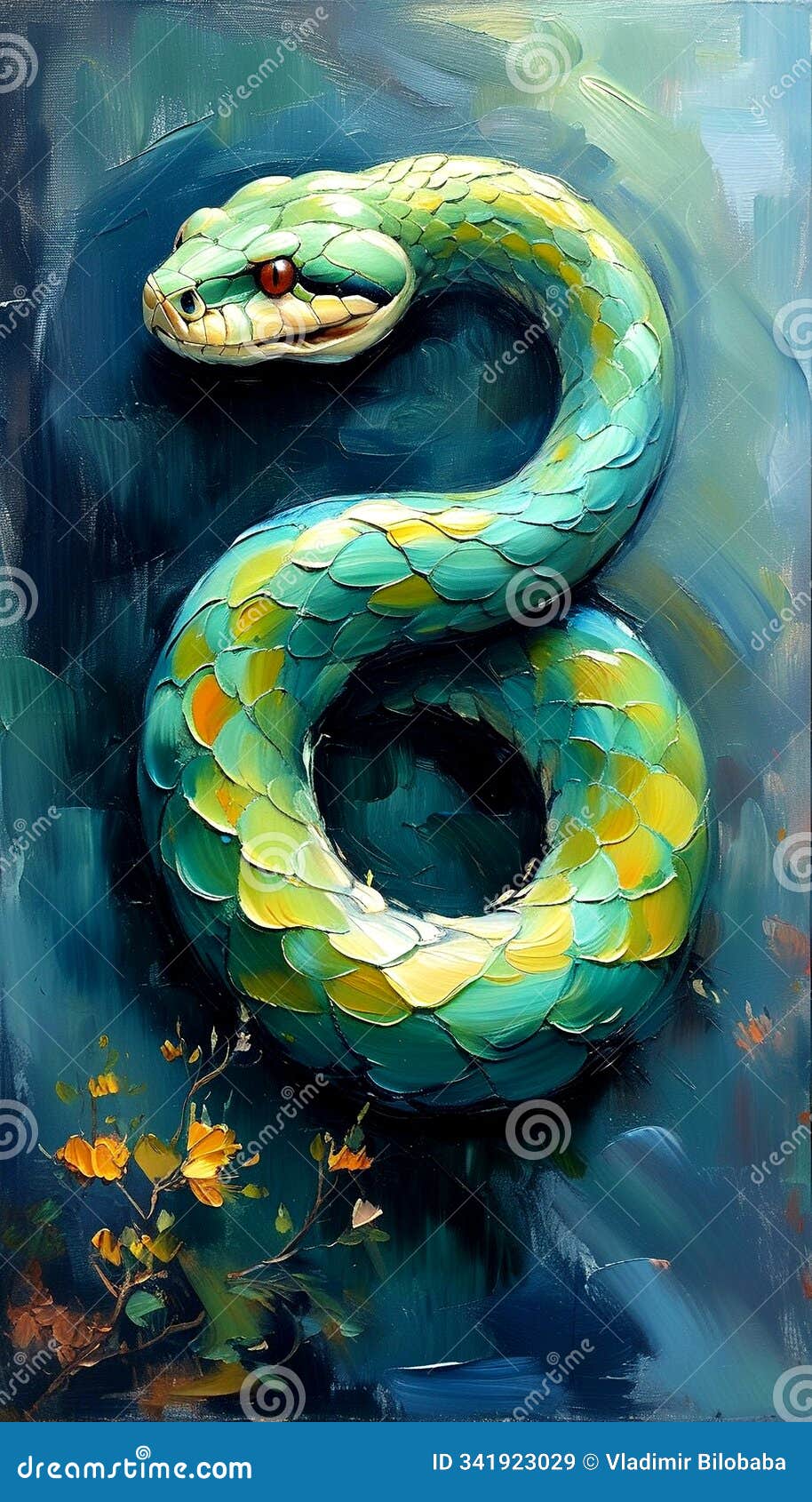 A Colorful Snake Moves Elegantly while Flowers Bloom Around it in a ...