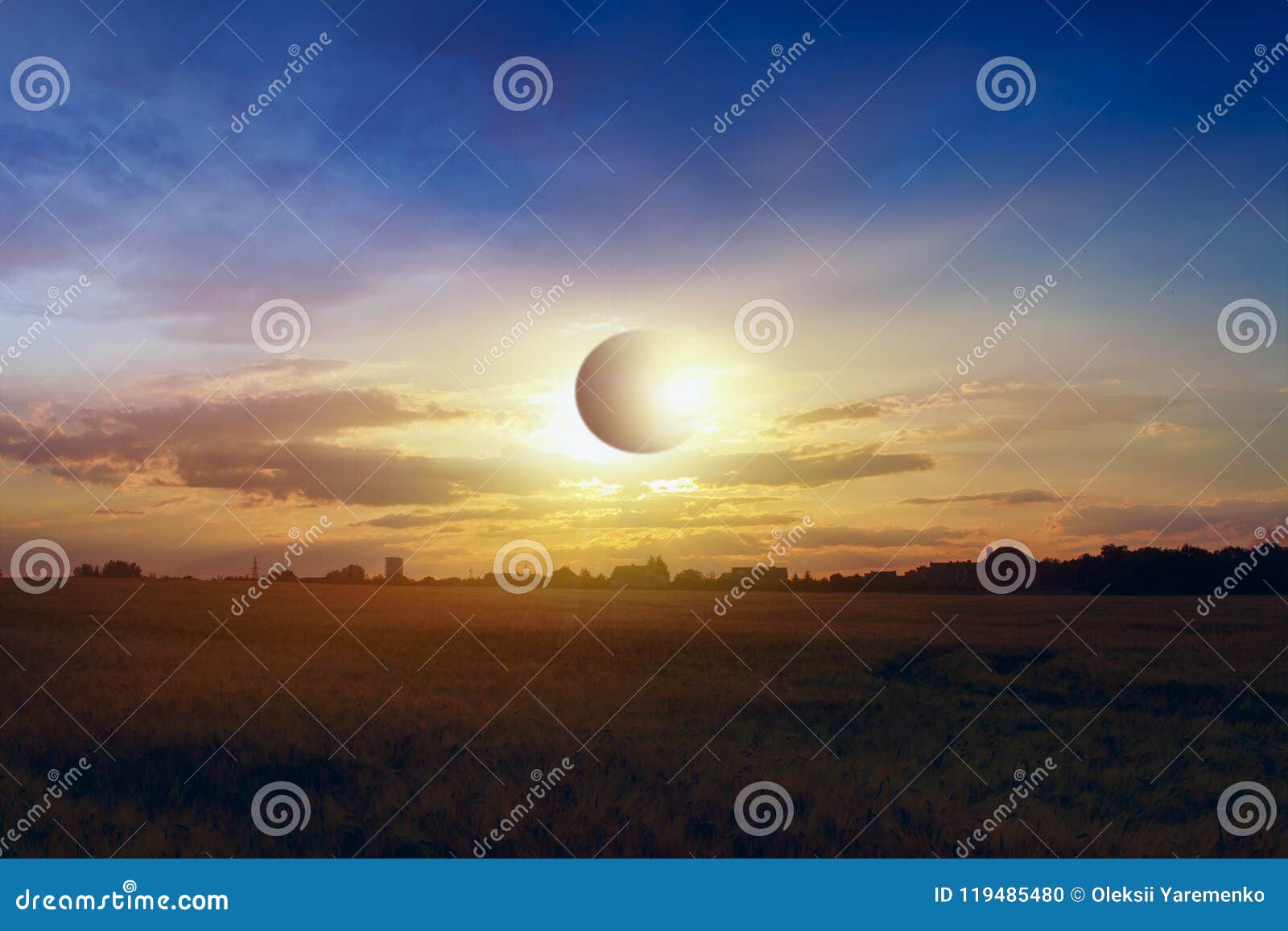 Colorful Solar Eclipse . Total Solar Eclipse Over the City . Stock ...