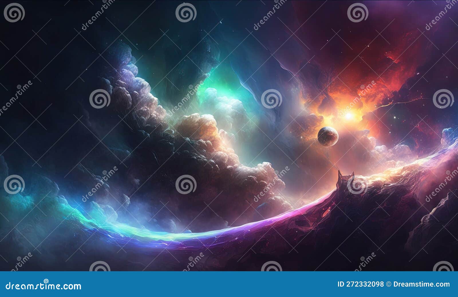 A Colorful Space Scene with Clouds, Planets, and Stars Stock ...