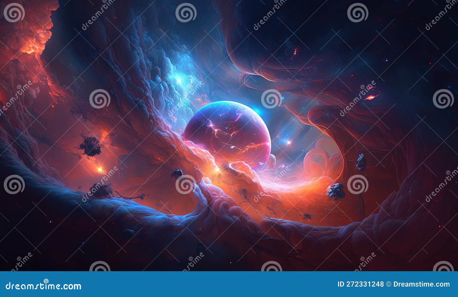 A Colorful Space Scene with a Planet in the Middle of the Image Stock ...