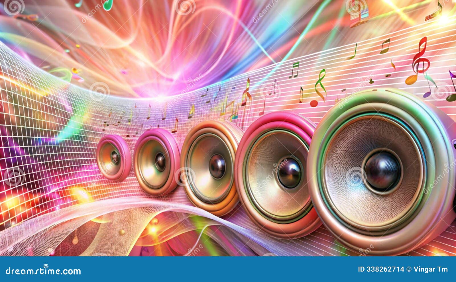 Colorful Speakers with Music Notes and Abstract Background Stock Photo ...