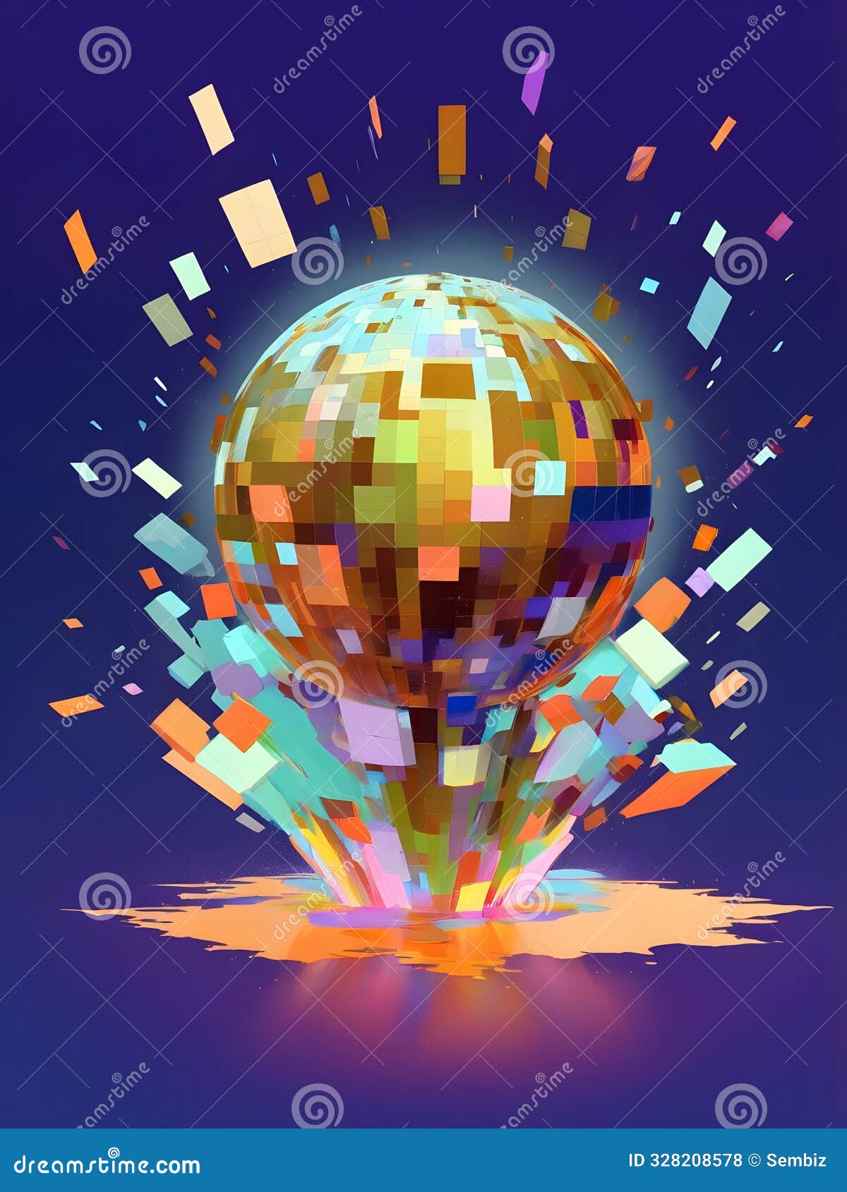 Colorful Sphere Exploding into Geometric Shapes on Dark Blue Background ...