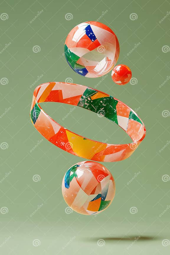 Colorful Spheres and Band Float Against Green Background, Creating ...