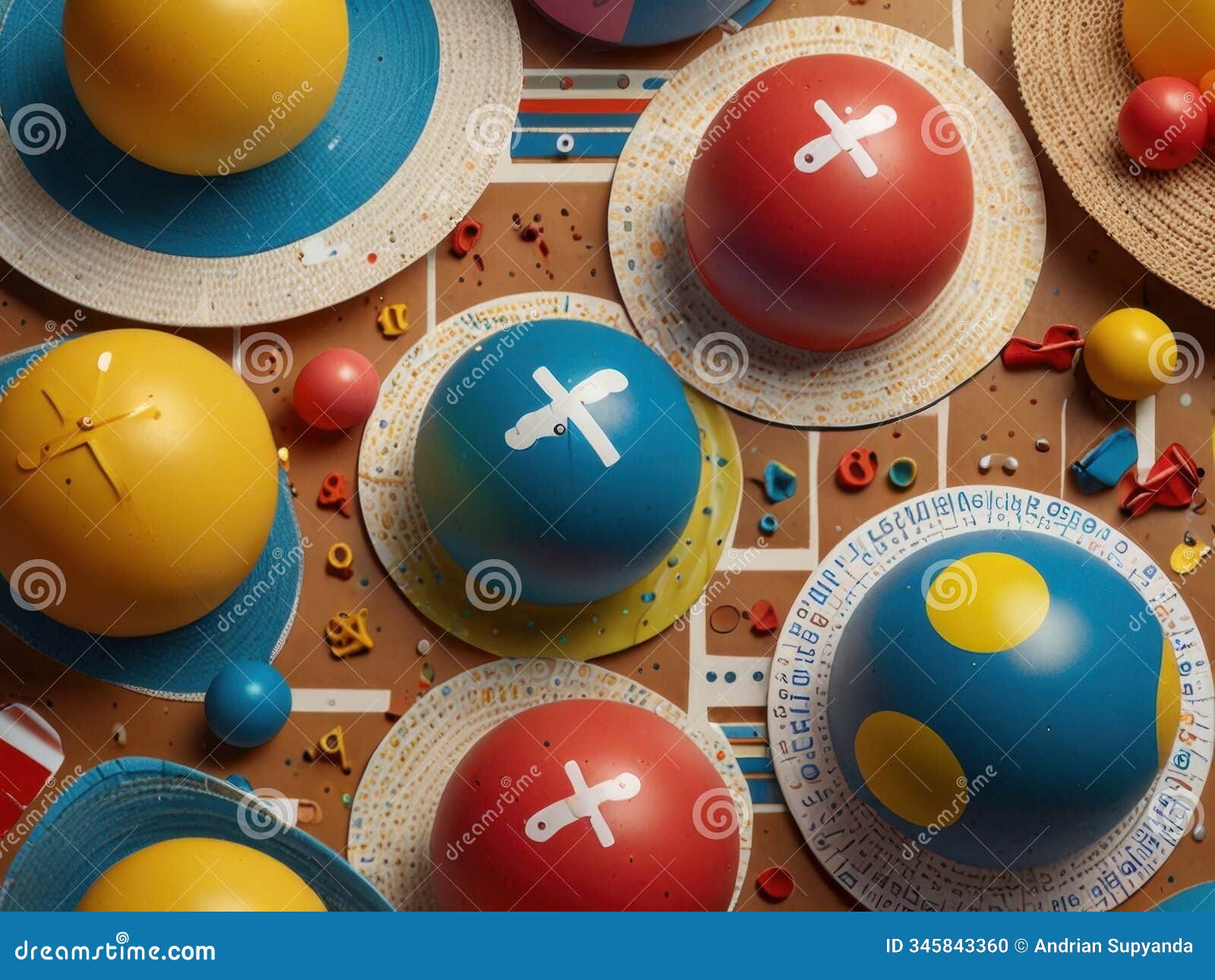 Colorful Spherical Objects with Cross Symbols on Hats Stock ...