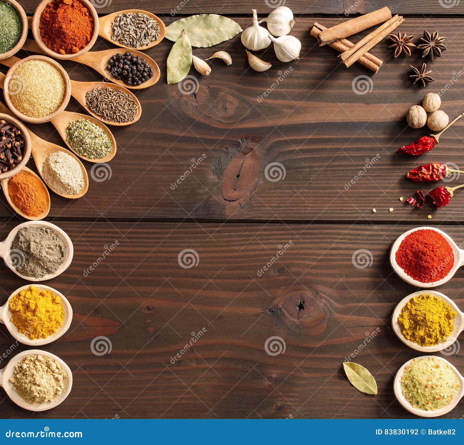 Colorful Spices Decoration on Wooden Table - Top View Stock Photo ...