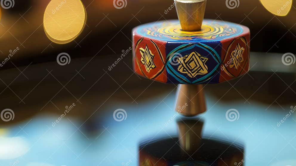 Colorful Spinning Top with Geometric Patterns on a Reflective Surface ...