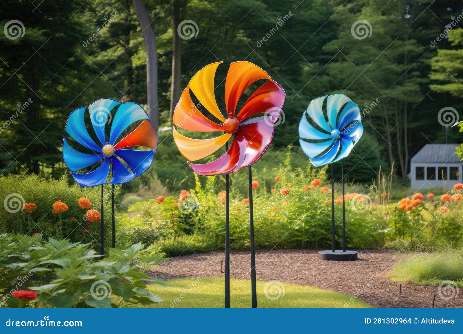 Colorful Spinning Wind Sculptures in a Garden Stock Illustration ...