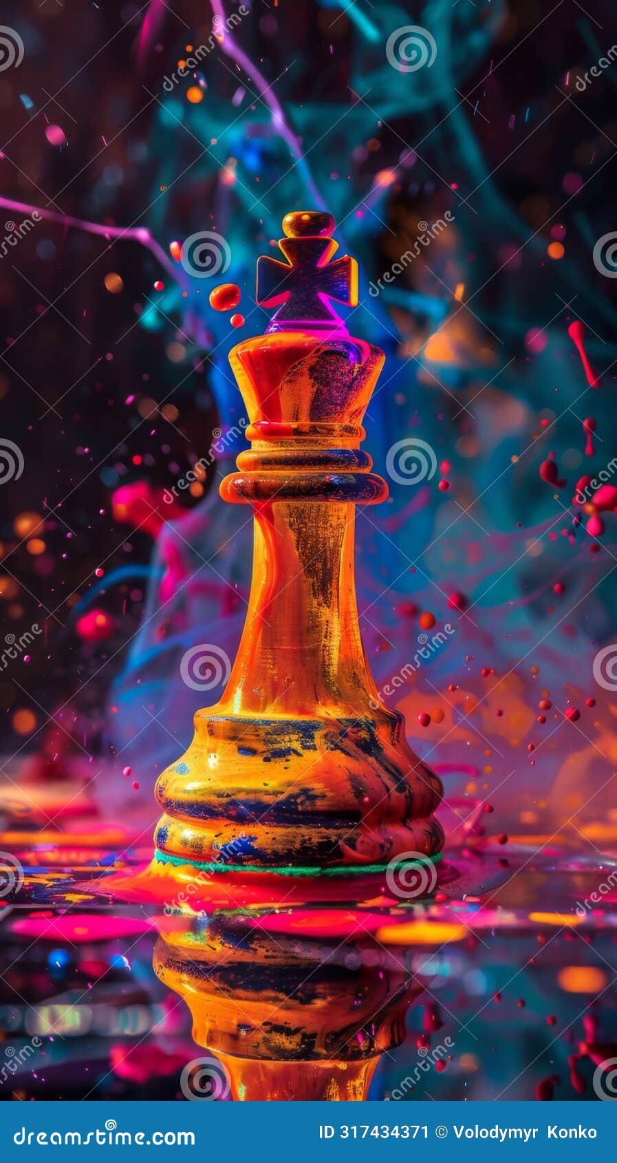 Colorful Splattered Paint on a Chess King Piece with Neon Backdrop ...