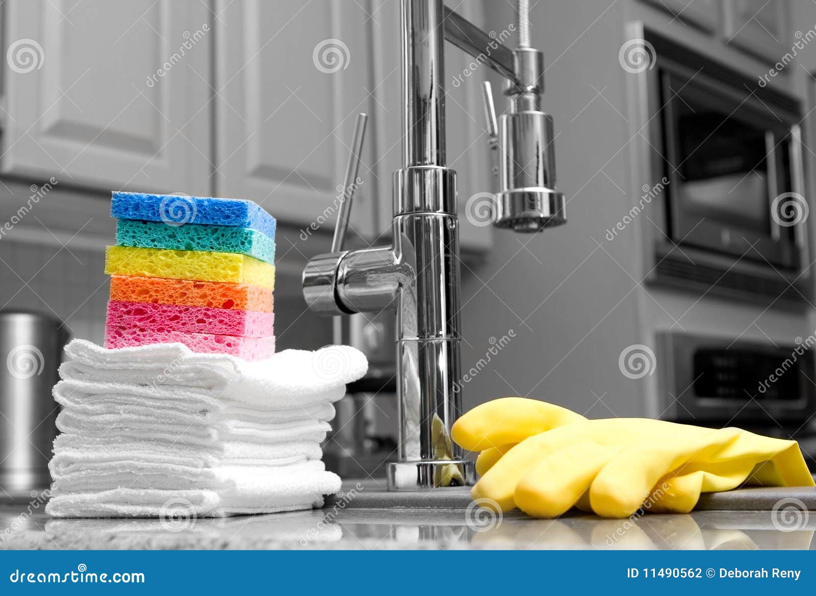 Colorful Sponges and Gloves in Kitchen Stock Photo - Image of lots ...