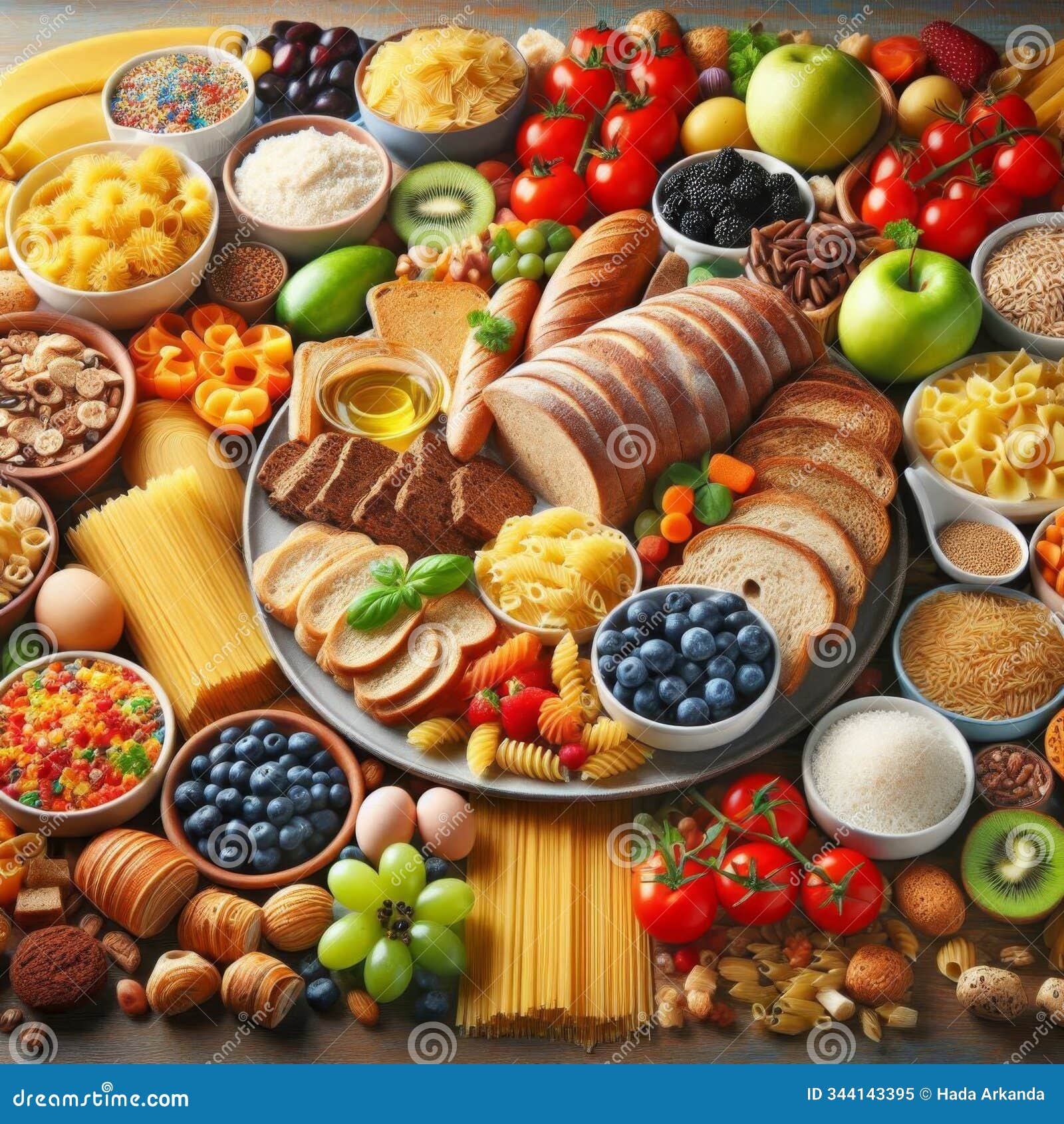 Colorful Spread of Bread, Pasta, Cereal, and Rice on a Platter, Ideal ...