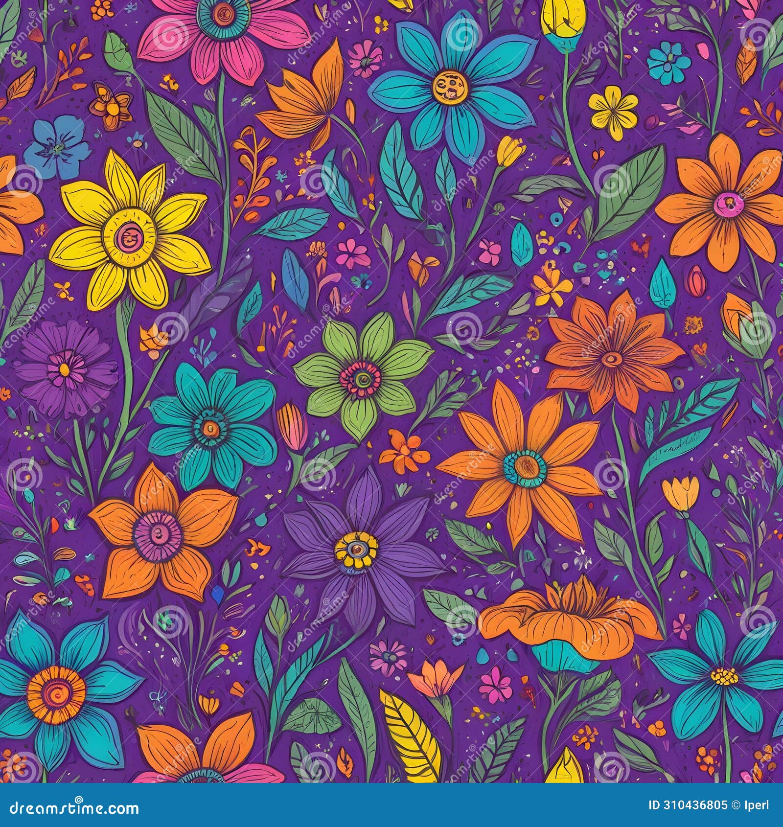 Colorful Spring Floral Pattern on Purple Background Stock Illustration ...