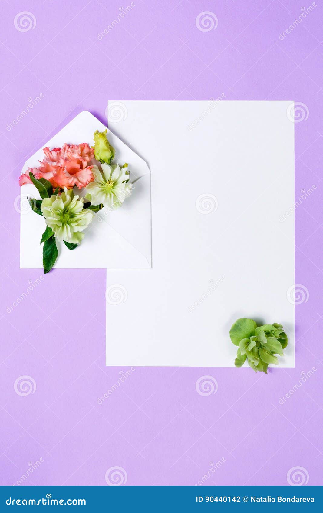 Colorful Spring Flowers in Envelope and White Sheet on Violet ...