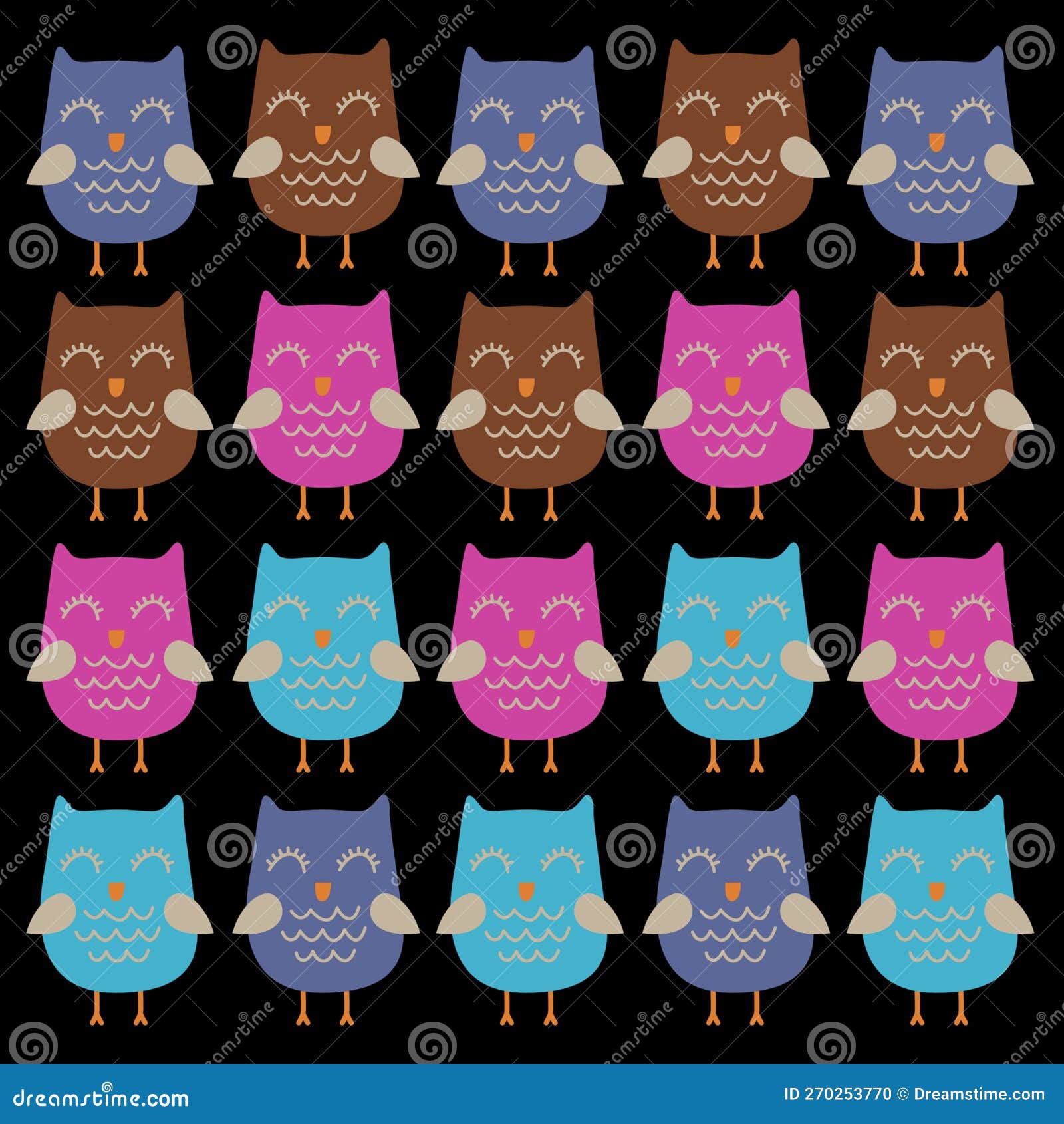 Colorful Spring Owls on Black Pattern, Texture Stock Vector ...